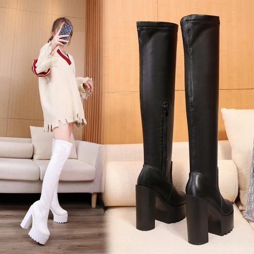 粗跟15cm超高跟鞋超高跟防滑松糕底防水臺長筒皮靴彈力靴女15公分|時裝靴|ETMall東森購物網