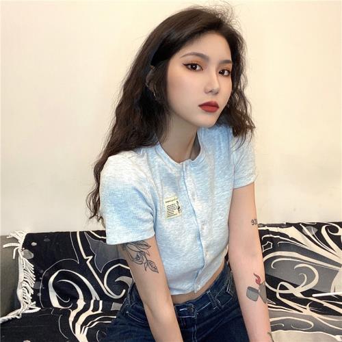 gagaopt夏季新款高腰短款修身BM上衣女棉質灰色單排扣貼布T恤短袖|T恤|ETMall東森購物網