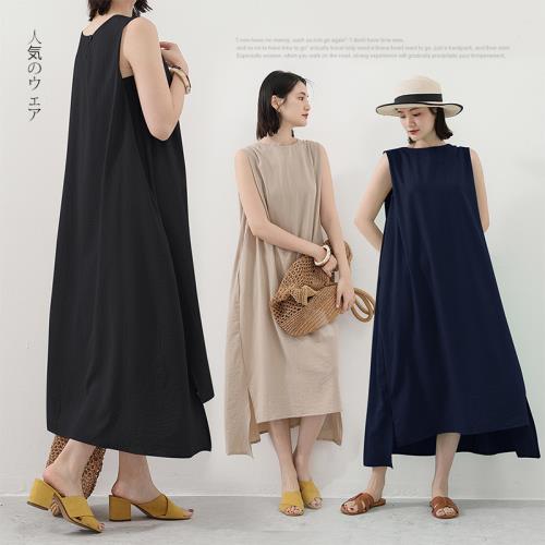 AM艾莫兒 日韓棉麻無袖文青層次感長裙|無袖洋裝|ETMall東森購物網