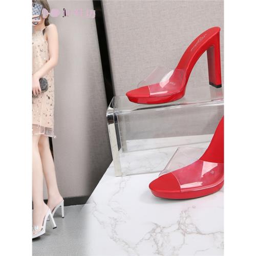 高跟拖鞋女夏季一字帶粗跟11cm外穿模特走秀涼拖網紅透明水鉆涼鞋|時裝涼鞋|ETMall東森購物網