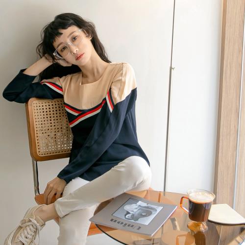 【OB 嚴選】長版撞色織帶拼接長袖上衣 《AB16499》|上衣|ETMall東森購物網