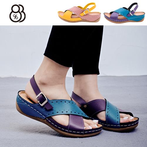 【88%】MIT台灣製4CM撞色厚底楔型小坡跟羅馬交叉方型飾釦涼鞋 2色|楔型涼鞋|ETMall東森購物網