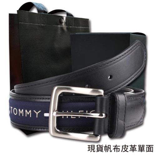 【Tommy】Tommy Hilfiger 男皮帶 皮帶 皮面+帆布經典LOGO設計 銀扣頭／黑色 (SML)|男性休閒皮帶|ETMall東森購物網