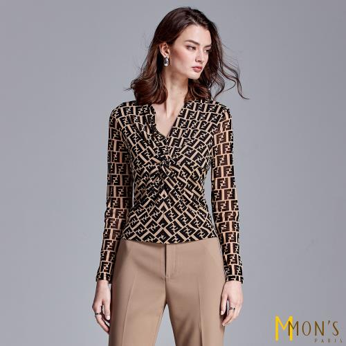 MONS 幾何字母印花V扭結V領上衣|會員獨享好康折扣活動|造型上衣|ETMall東森購物網