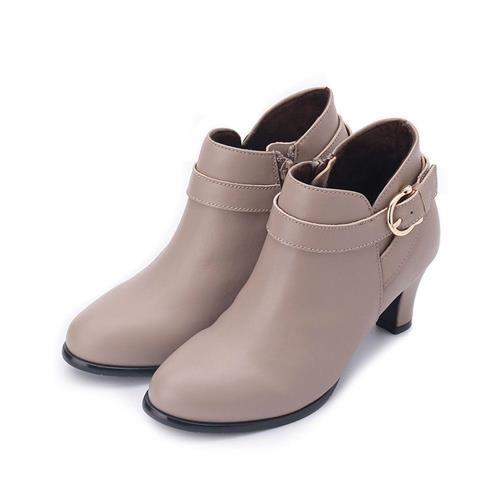 LUZZI 圓釦交叉帶裸跟靴 卡其 女鞋 鞋全家福|短靴|ETMall東森購物網