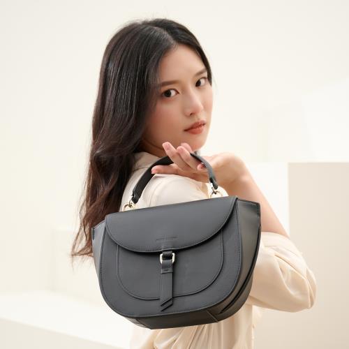 【Premium Authentic】PA．Dome真皮結飾幾何兩用馬鞍包-暮夜黑|側背包|ETMall東森購物網