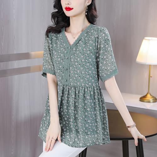 【ALLK 歐楷】新品 長版印花雪紡衫上衣 綠色(尺寸L-XXL/中大尺碼/涼爽/透氣)|造型上衣|ETMall東森購物網