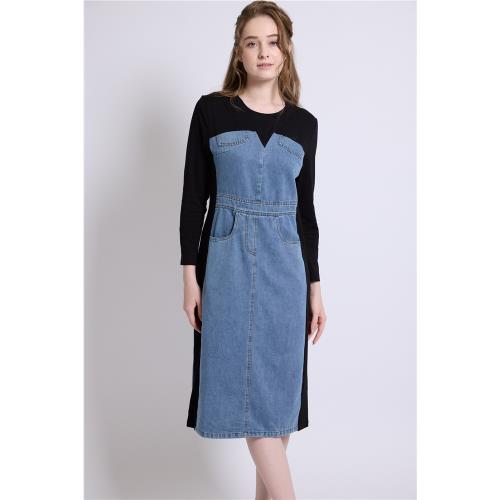 QWI名品丹寧設計款拼接激瘦洋裝1入|長袖洋裝|ETMall東森購物網