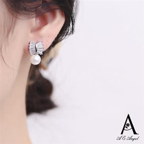 ANGEL 甜美蝴蝶結珍珠閃耀鋯石耳環(白金色)|其他材質/款式|ETMall東森購物網