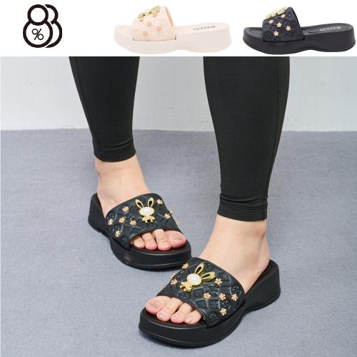 【88%】跟高4cm 休閒 ㄧ字皮面拖鞋 亮晶晶兔兔 厚底涼拖鞋 2色|厚底涼鞋|ETMall東森購物網