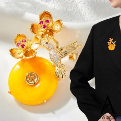 ANGEL 花好月圓仿蜜蠟喜鵲胸針別針兩用款(橙色)|墜子/胸針/袖扣|ETMall東森購物網