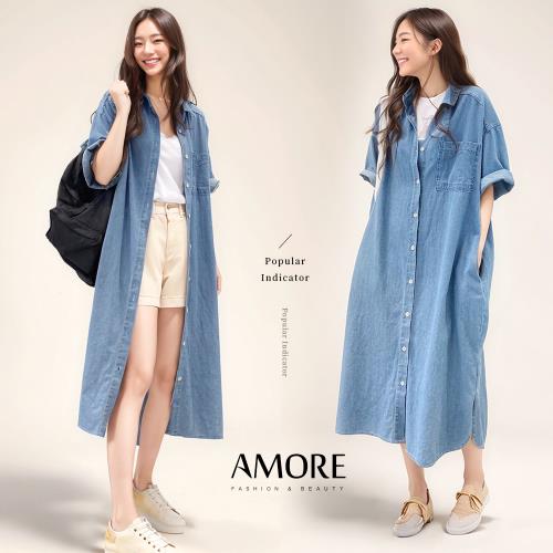 AM艾莫兒 韓系經典不敗單寧口袋短袖牛仔長版襯衫|襯衫|ETMall東森購物網