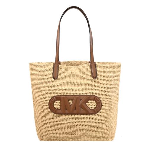 MICHAEL KORS ELIZA 質感浮雕LOGO肩背草編托特包.咖邊|MK肩背包|ETMall東森購物網