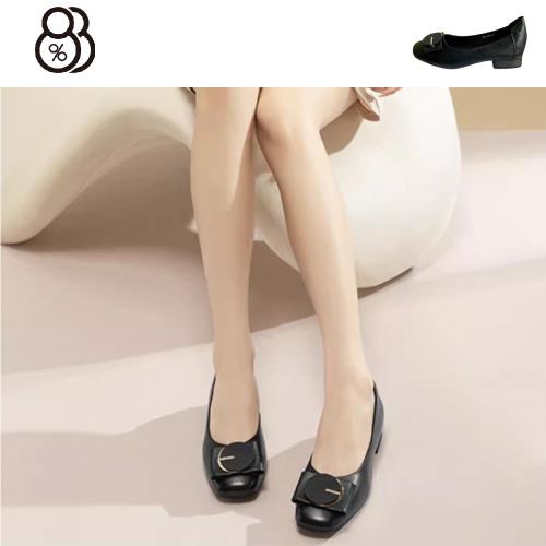 【88%】跟高1cm 方頭一腳蹬低跟鞋 黑色皮質 淑女鞋|粗跟|ETMall東森購物網