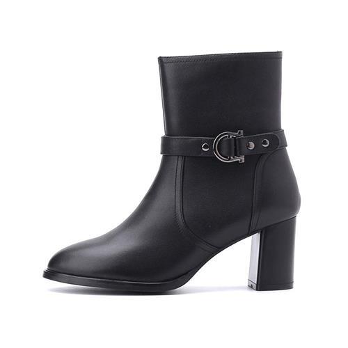 LUZZI 飾釦中筒跟靴 黑 女鞋 鞋全家福|中筒靴|ETMall東森購物網