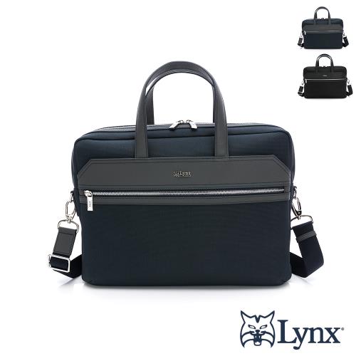 Lynx - 美國山貓進口十字紋牛皮搭配牛津布電腦公事包（中)-共2色|側背包|ETMall東森購物網