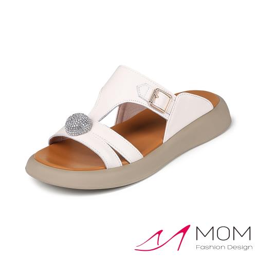 【MOM】真皮鑽釦工字平底拖鞋/真皮閃耀鑽釦工字設計感舒適平底拖鞋 女鞋 米|厚底拖鞋|ETMall東森購物網