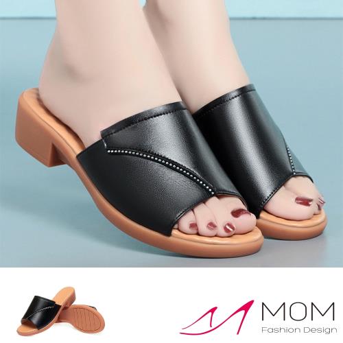 【MOM】真皮拼接舒適軟底低跟拖鞋/真皮幾何拼接舒適軟底低跟拖鞋 女鞋 黑|有跟拖鞋|ETMall東森購物網