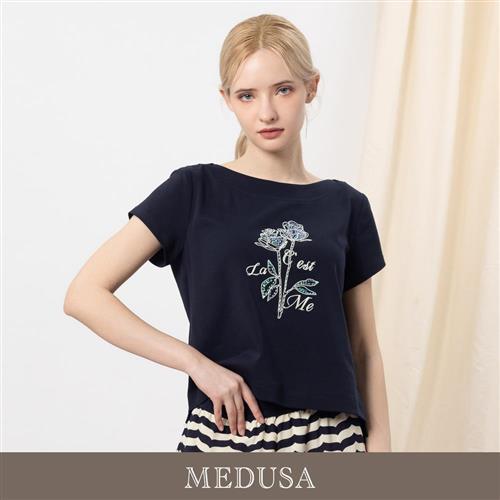 現貨【MEDUSA 曼度莎】藍色亮片刺繡花朵圖案T恤（M-XL）｜女短袖T恤 女休閒上衣|短袖|ETMall東森購物網