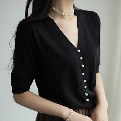 【ALLK 歐楷】促銷 珍珠排釦針織衫上衣 2色(尺寸F/中大尺碼/涼爽/透氣)|造型上衣|ETMall東森購物網