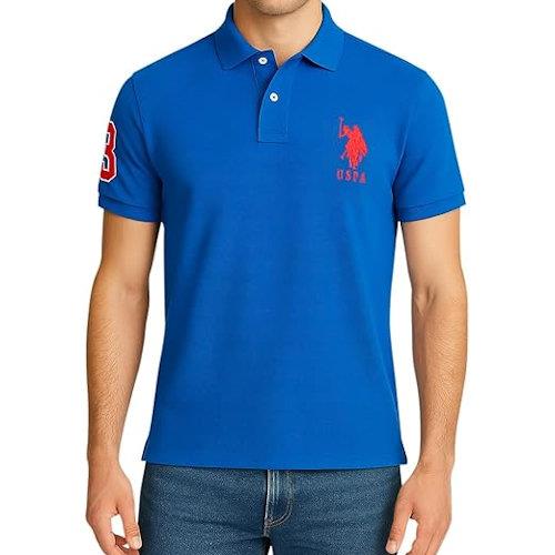 US Polo 2025男時尚全棉大馬球標誌合身鈷藍色短袖POLO|短袖|ETMall東森購物網