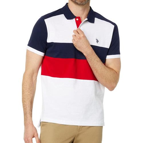 US Polo 2025男時尚小馬球標誌合身寶藍白紅色塊拼接短袖POLO|短袖|ETMall東森購物網
