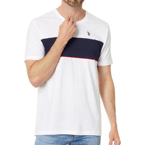 US Polo 2025男時尚小馬球標誌胸前寶藍色塊白色圓領短袖T恤|短袖T恤|ETMall東森購物網