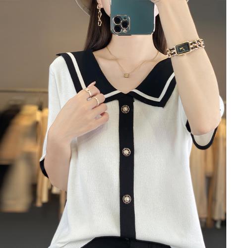 【ALLK 歐楷】新品 翻領配色針織衫上衣 共2色(尺寸F/中大尺碼/涼爽/透氣)|造型上衣|ETMall東森購物網