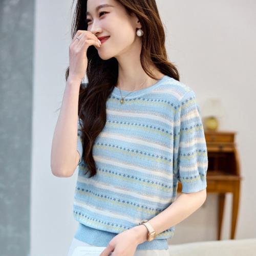 【ALLK 歐楷】新品 條紋配色針織衫上衣 藍色(尺寸F/中大尺碼/涼爽/透氣)|造型上衣|ETMall東森購物網