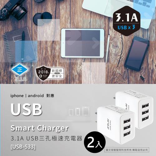 【NDr.AV】3.1A USB三孔極速充電器2入(全球通用usb 豆腐頭 智能充電器/USB-533)|USB充電器|ETMall東森購物網