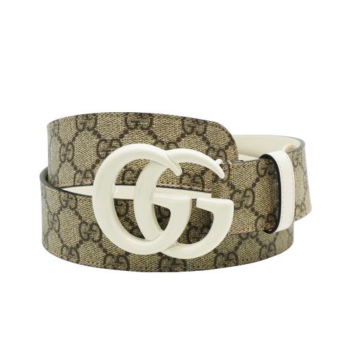Gucci 雙G白logo皮革拚帆布皮帶#80(400593-咖)|衣鞋/相關配件|ETMall東森購物網